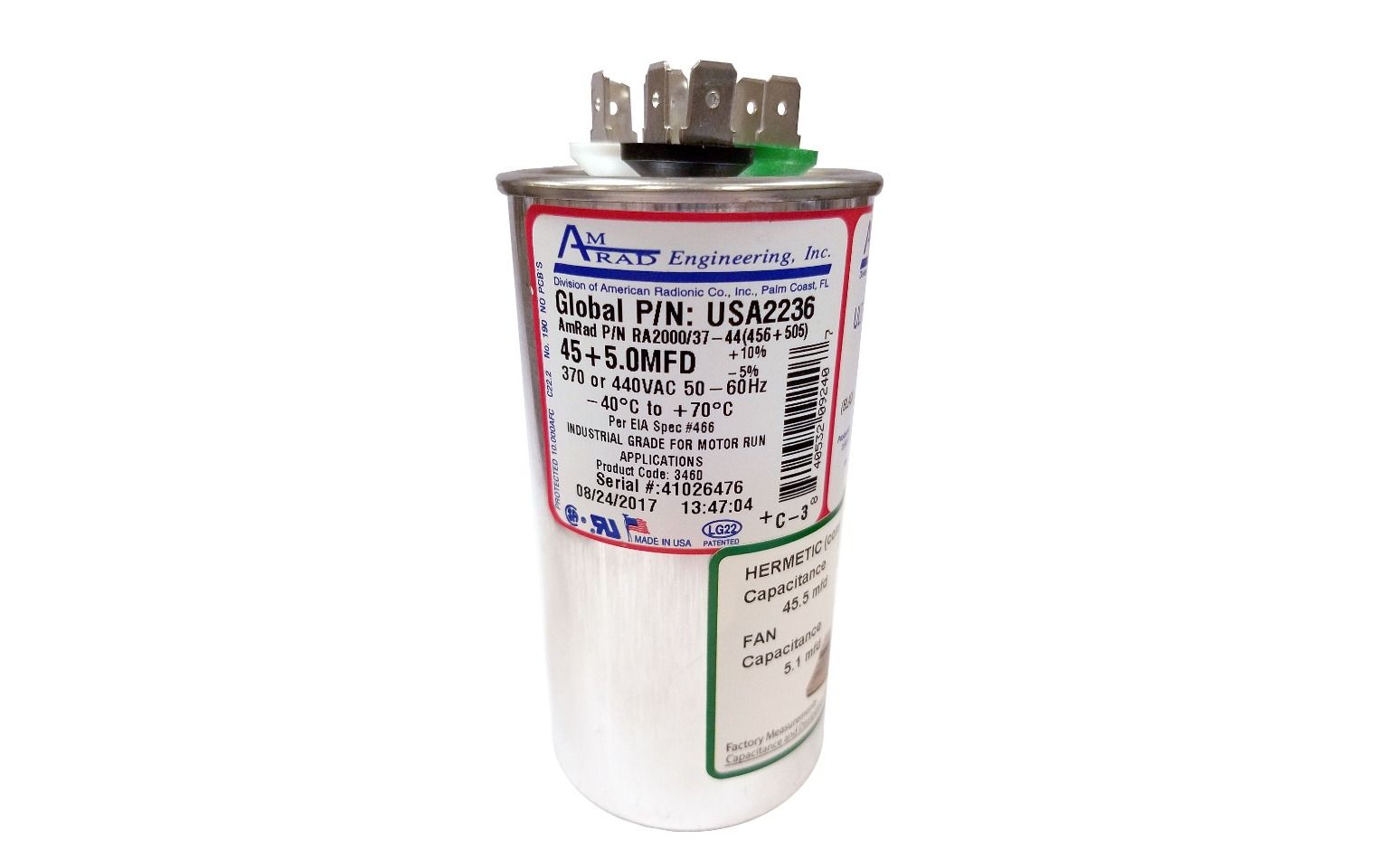 AmRad USA2236 Dual Run Capacitor - 45/5 MFD, 440 VAC, Round Design for ...